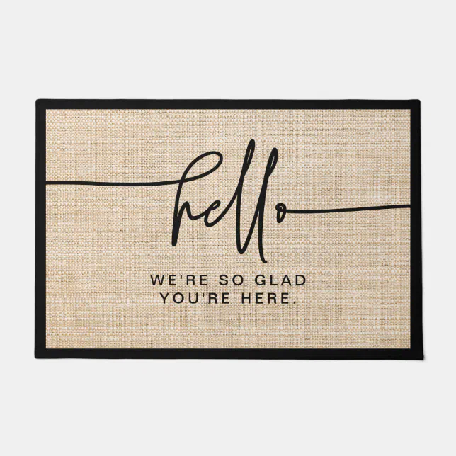 Modern Farmhouse Burlap Hello So Glad You're Here Doormat | Zazzle