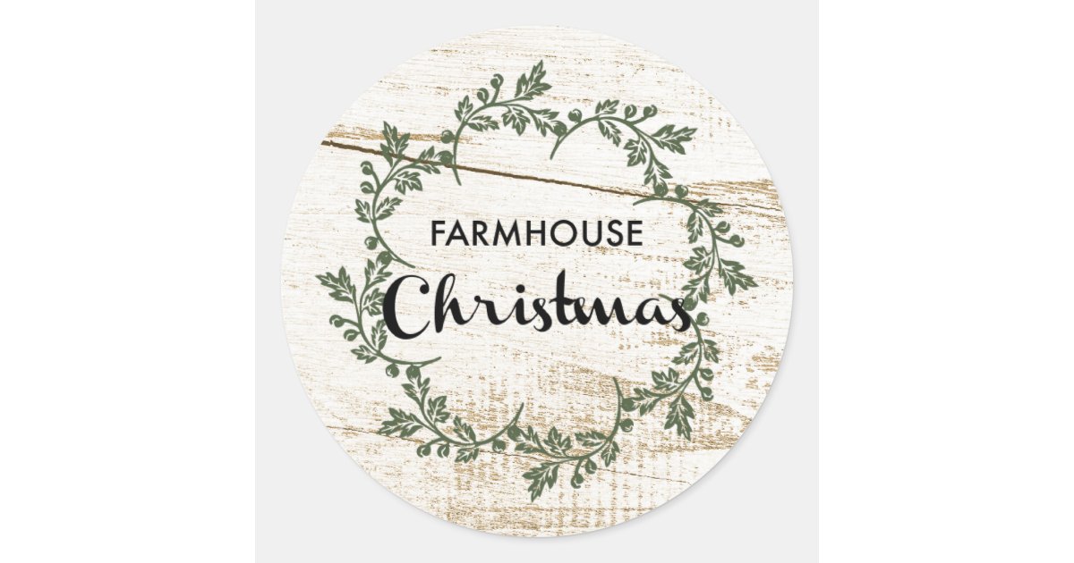 Modern Farmhouse Christmas Wreath Rustic Wood Classic Round Sticker ...