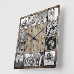 Modern Farmhouse Family Rustic Photo Collage Square Wall Clock | Zazzle