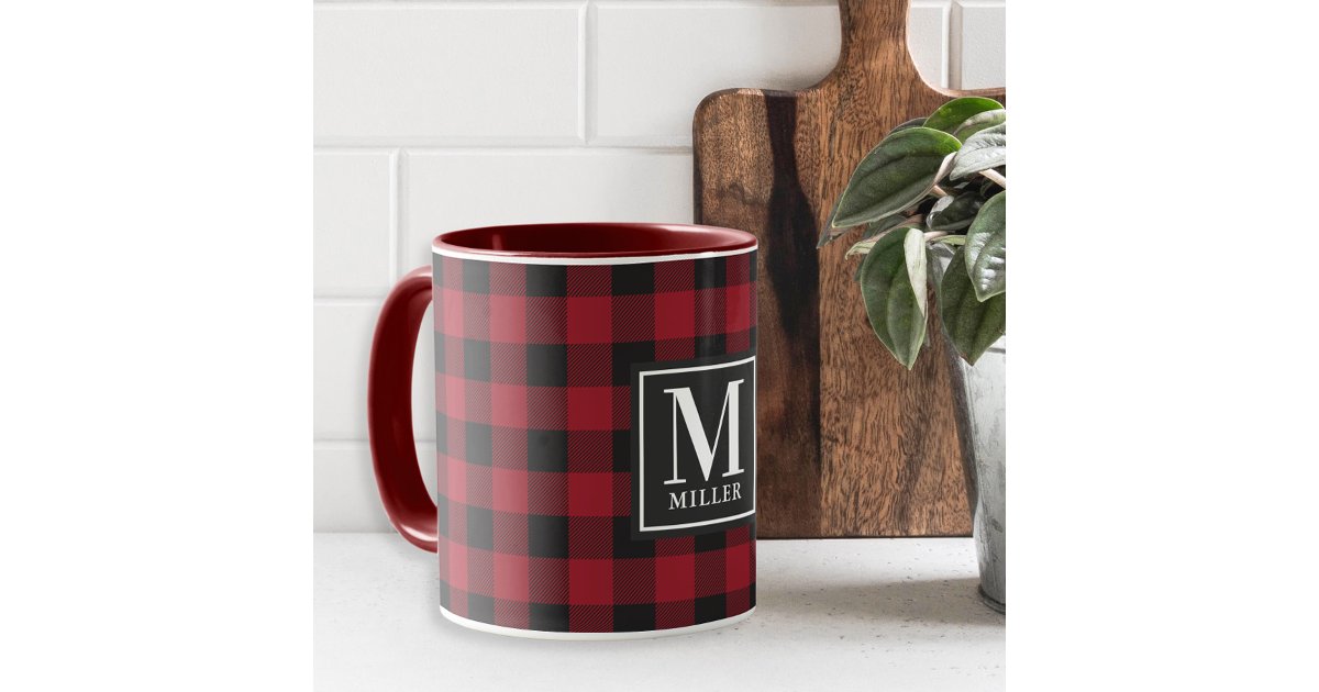 Modern Farmhouse Red Buffalo Check Monogrammed Mug | Zazzle