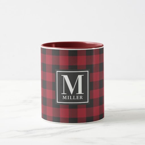 Modern Farmhouse Red Buffalo Check Monogrammed Mug | Zazzle