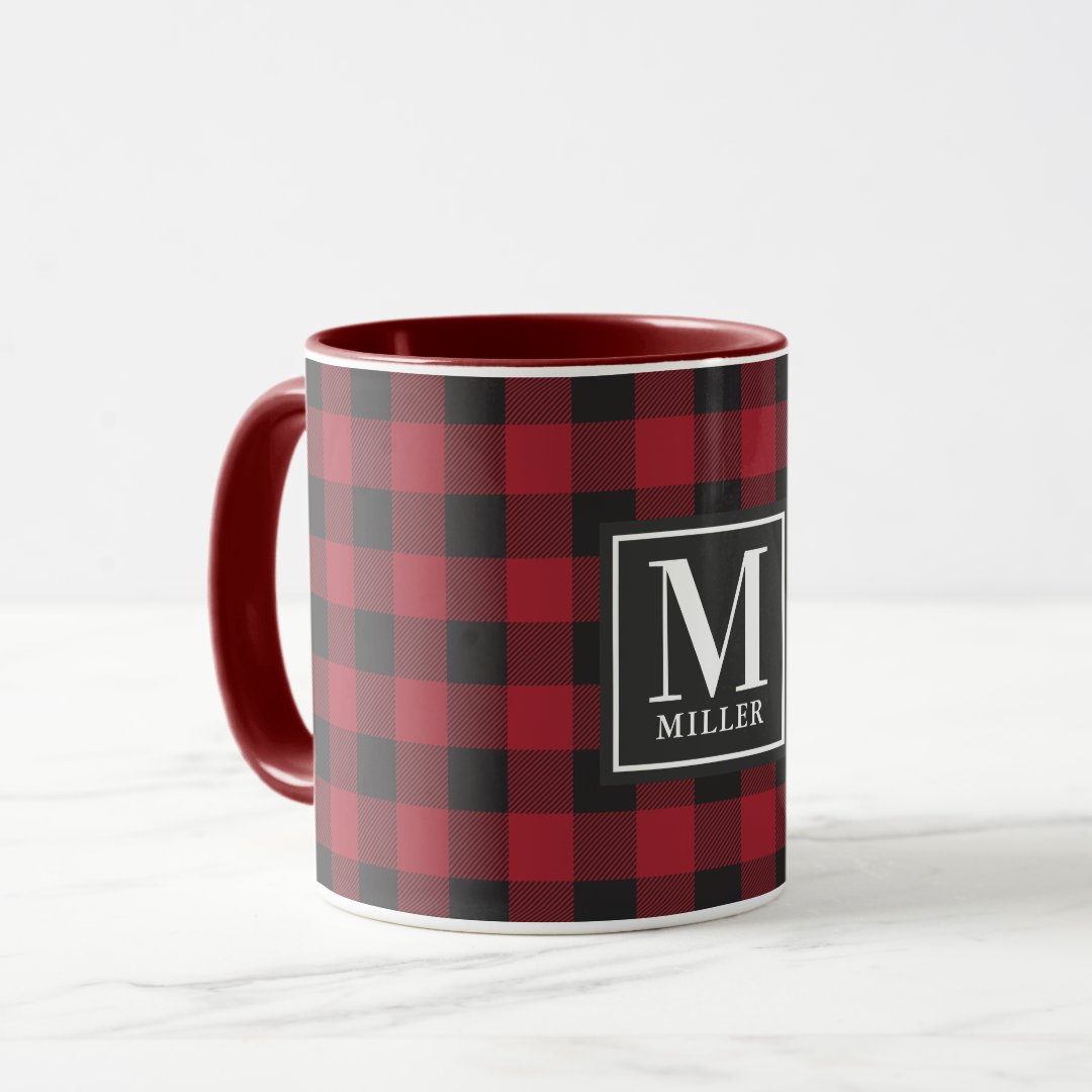 Modern Farmhouse Red Buffalo Check Monogrammed Mug | Zazzle
