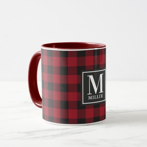 Modern Farmhouse Red Buffalo Check Monogrammed Mug | Zazzle