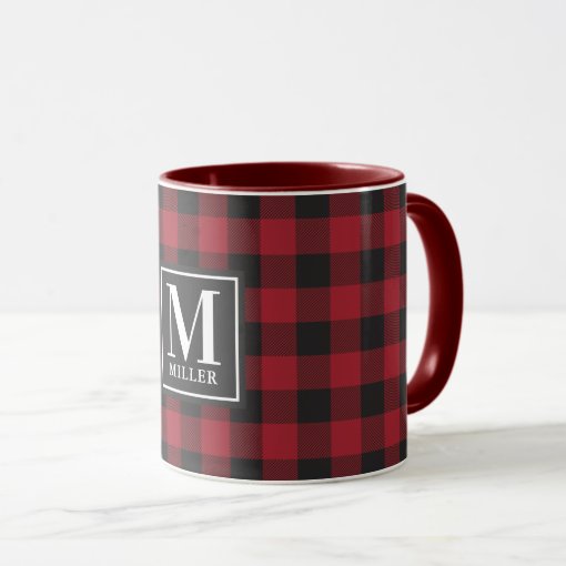 Modern Farmhouse Red Buffalo Check Monogrammed Mug | Zazzle