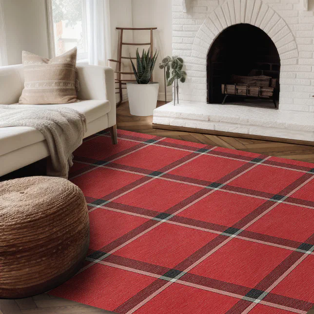 Modern Farmhouse Rug, Red And Black Plaid Area Rug | Zazzle