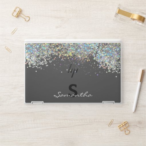 Modern Faux Glitter Monogram Custom Name HP Laptop Skin | Zazzle
