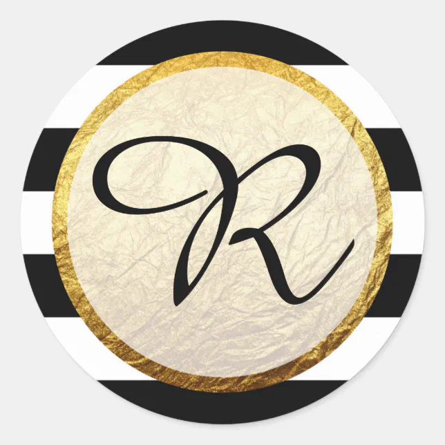 Modern Faux Gold Black White Stripe Monogram Classic Round Sticker | Zazzle