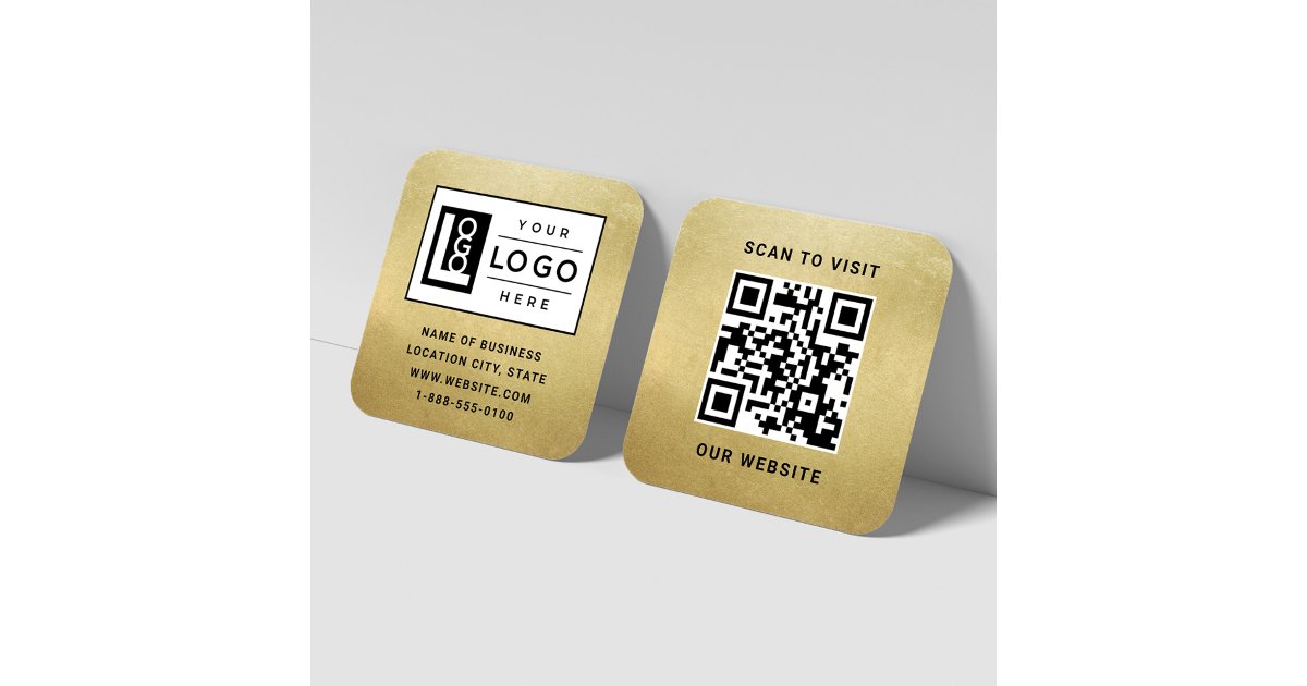 Modern Faux Gold Foil Custom Logo and QR Code Square Business Card | Zazzle