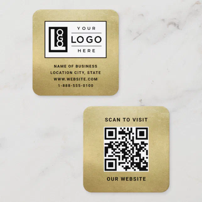 Modern Faux Gold Foil Custom Logo and QR Code Square Business Card | Zazzle
