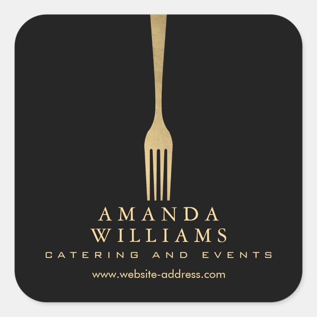 Modern Faux Gold Fork Catering Logo on Black Square Sticker | Zazzle