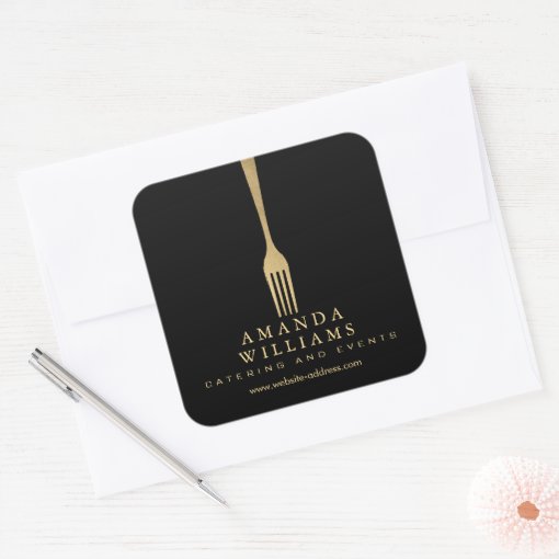 Modern Faux Gold Fork Catering Logo on Black Square Sticker | Zazzle