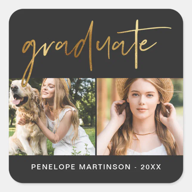 Modern Faux Gold Graduate Script Photo Grid Black Square Sticker | Zazzle