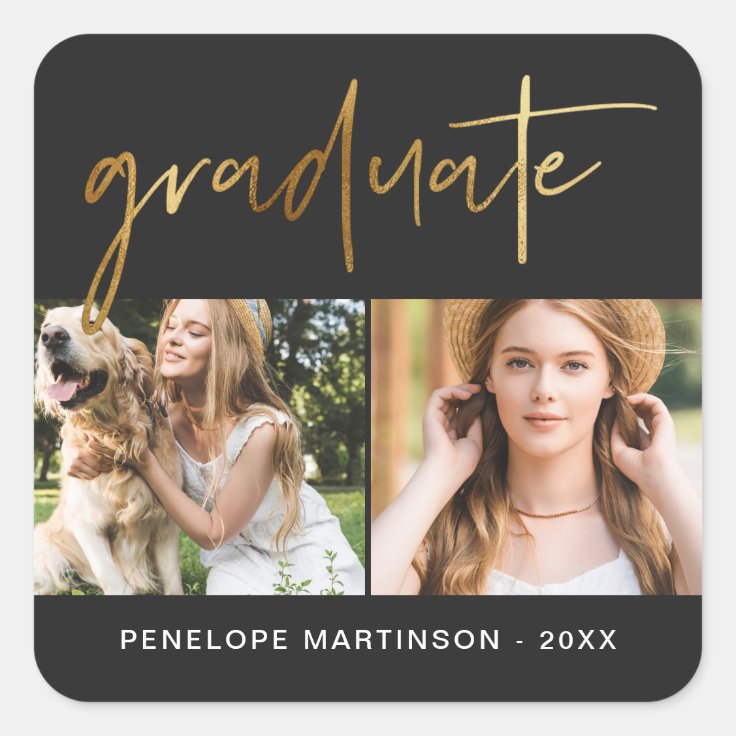 Modern Faux Gold Graduate Script Photo Grid Black Square Sticker | Zazzle