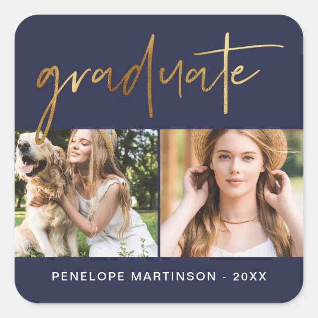 Modern Faux Gold Graduate Script Photo Grid Blue Square Sticker | Zazzle
