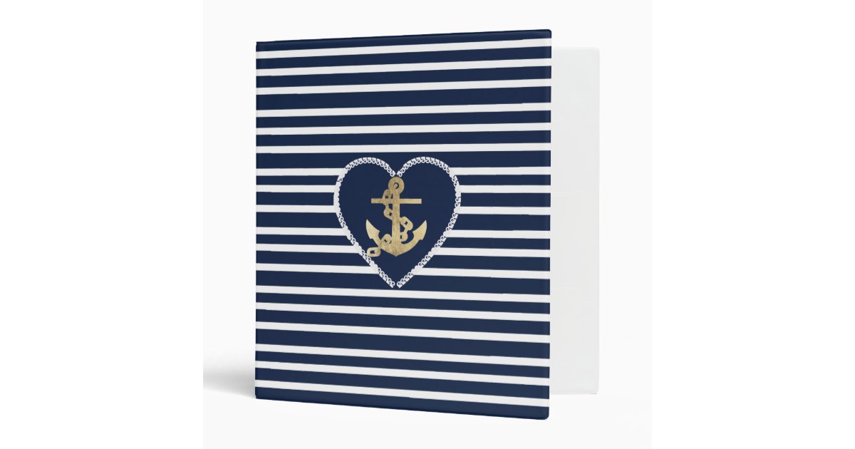 Modern faux gold navy blue anchor nautical stripes binder | Zazzle