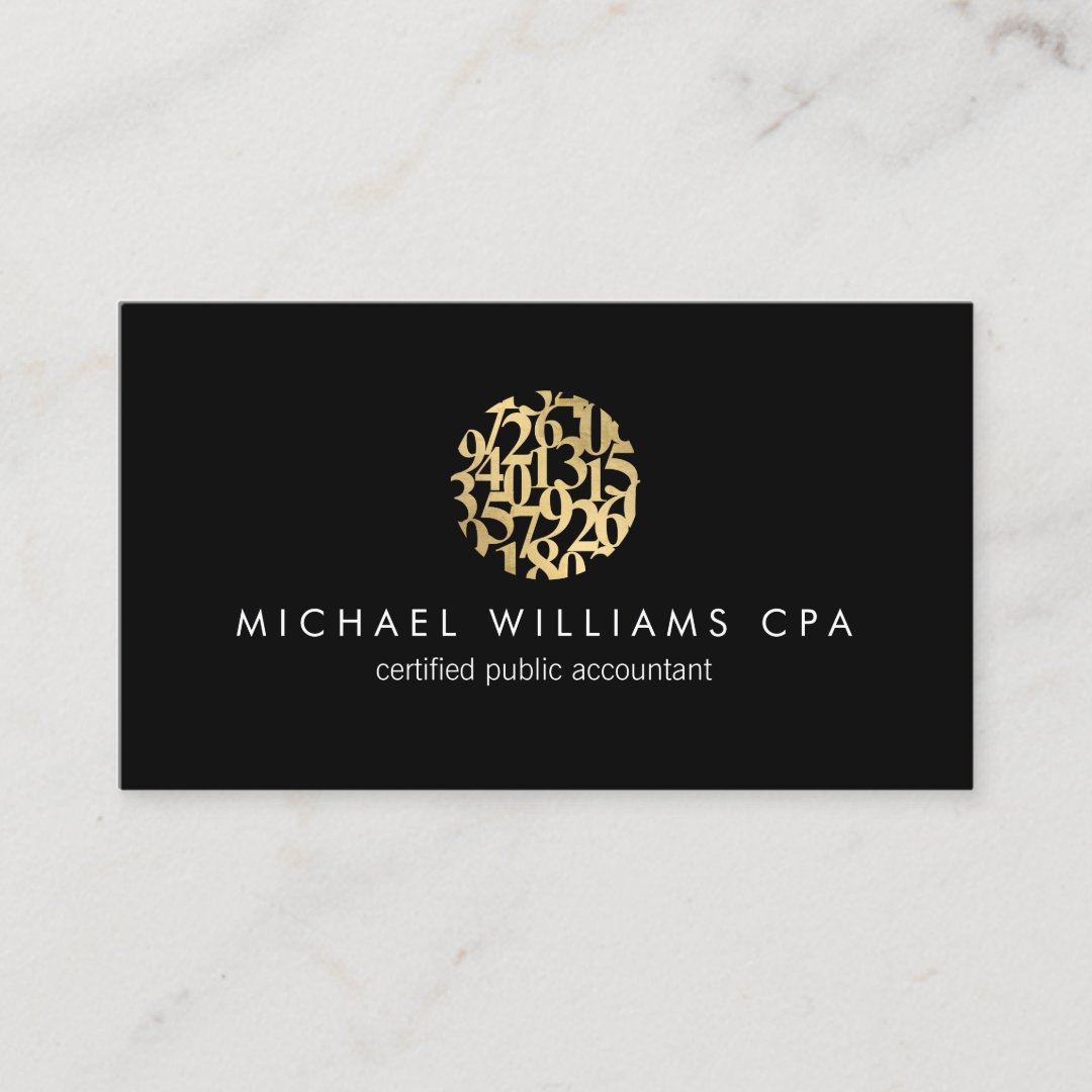 Modern Faux Gold Numbers Logo Accountant Black Business Card | Zazzle