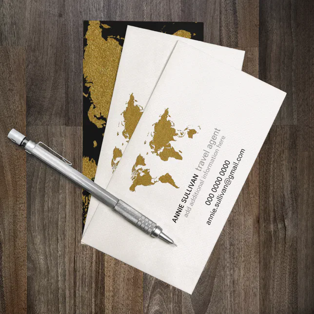 Modern Faux Gold World Map Prof. Travel Agent Business Card | Zazzle