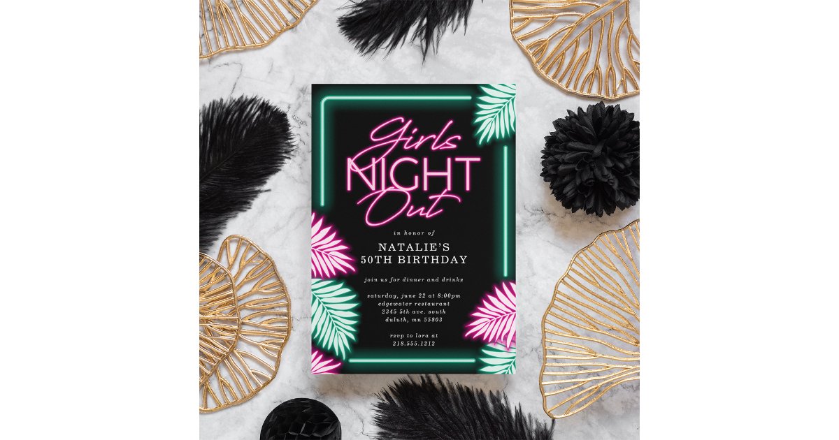 Modern Faux Neon Girls Night Out Birthday Invitation | Zazzle