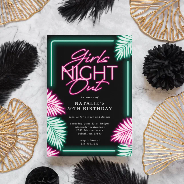 Modern Faux Neon Girls Night Out Birthday Invitation | Zazzle