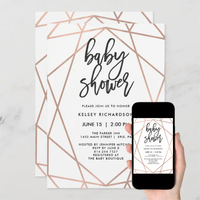 Modern Faux Rose Gold Geometric | Baby Shower Invitation | Zazzle