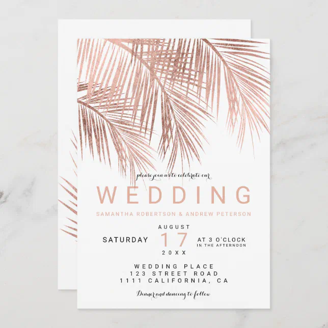 Modern faux rose gold tropical palm tree wedding invitation | Zazzle
