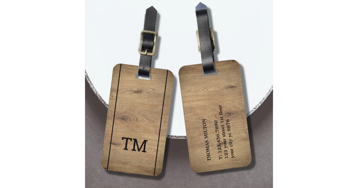 Modern Faux Wooden Black Lines Bold Monogram Luggage Tag | Zazzle