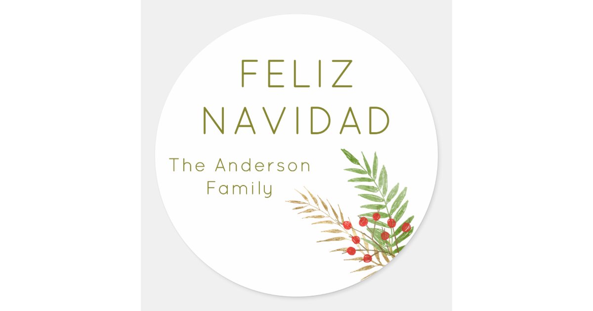 Modern Feliz Navidad Holly Spanish Christmas Classic Round Sticker | Zazzle