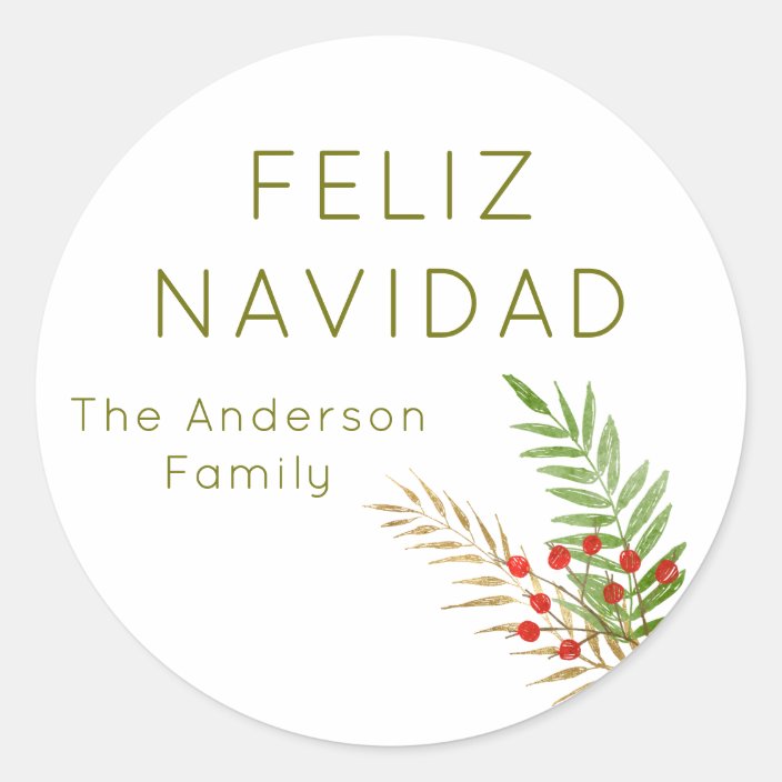 Modern Feliz Navidad Holly Spanish Christmas Classic Round Sticker ...
