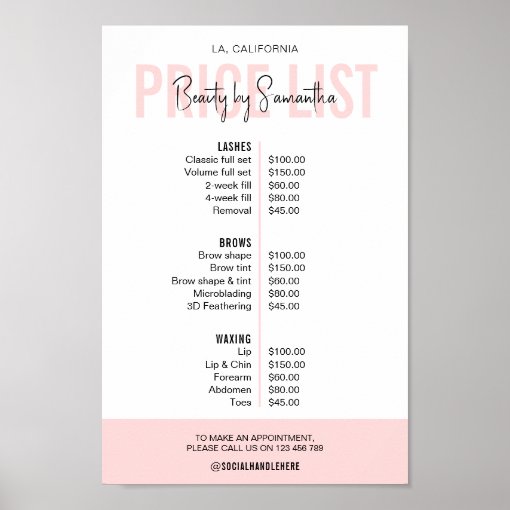 Modern Feminine Blush Pink Beauty Salon Price List Poster | Zazzle
