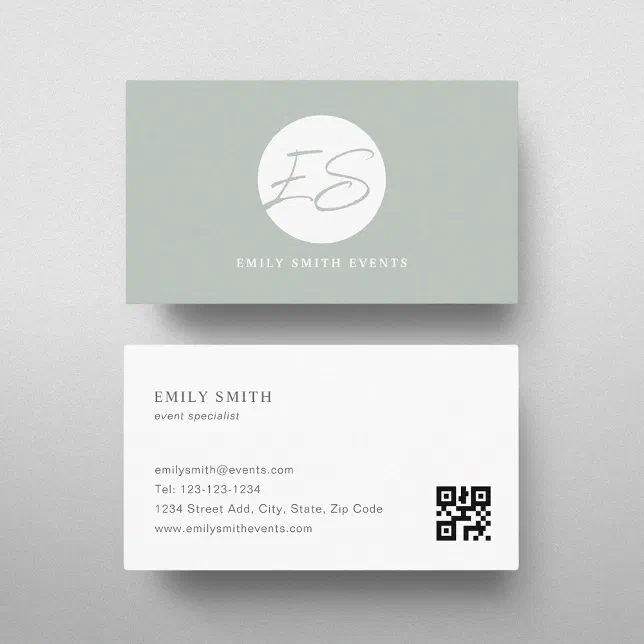 Modern Feminine Sage Monogram QR code Business Card | Zazzle
