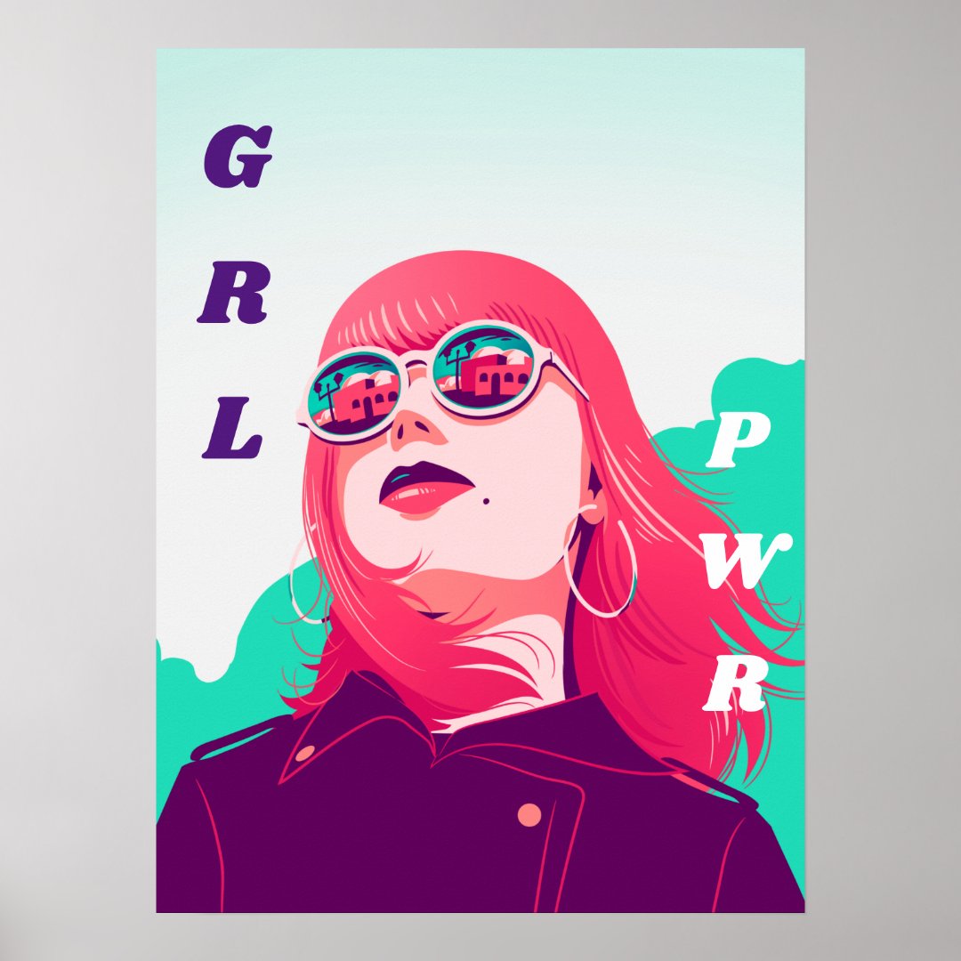 Modern Feminist Girl Pink Hair GRL Power PWR Cool Poster | Zazzle