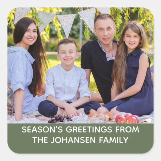 Modern Fern Green Family Photo Christmas Square Sticker | Zazzle