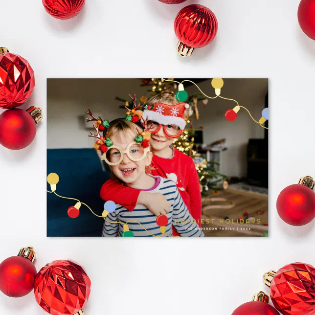 Modern Festive Colorful Christmas Lights One Photo Foil Holiday Card ...