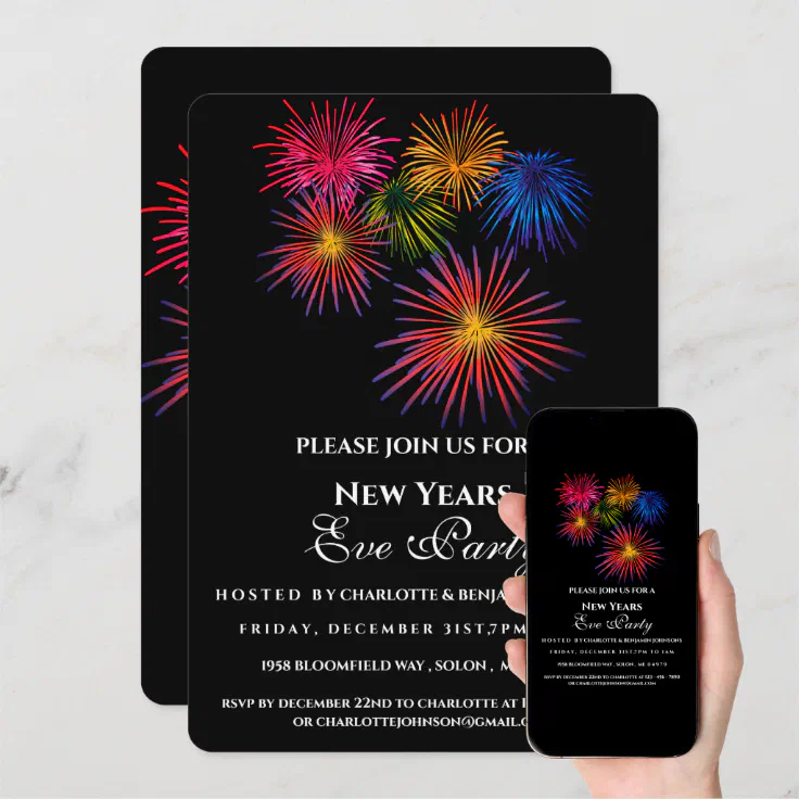 Modern Festive Fireworks New Years Eve Party Invitation | Zazzle