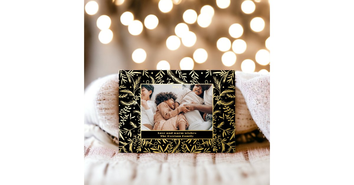 Modern festive flourish Christmas family 3 photos Foil Holiday Card ...