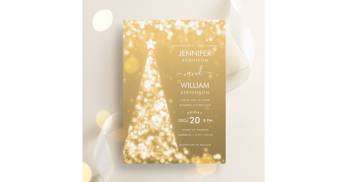 Modern Festive Gold Tree Christmas Wedding Invitation | Zazzle