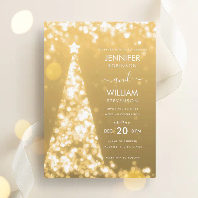 Modern Festive Gold Tree Christmas Wedding Invitation | Zazzle