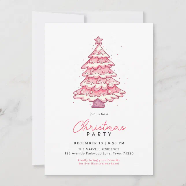 Modern Festive Pink Christmas Tree Party Invitation | Zazzle