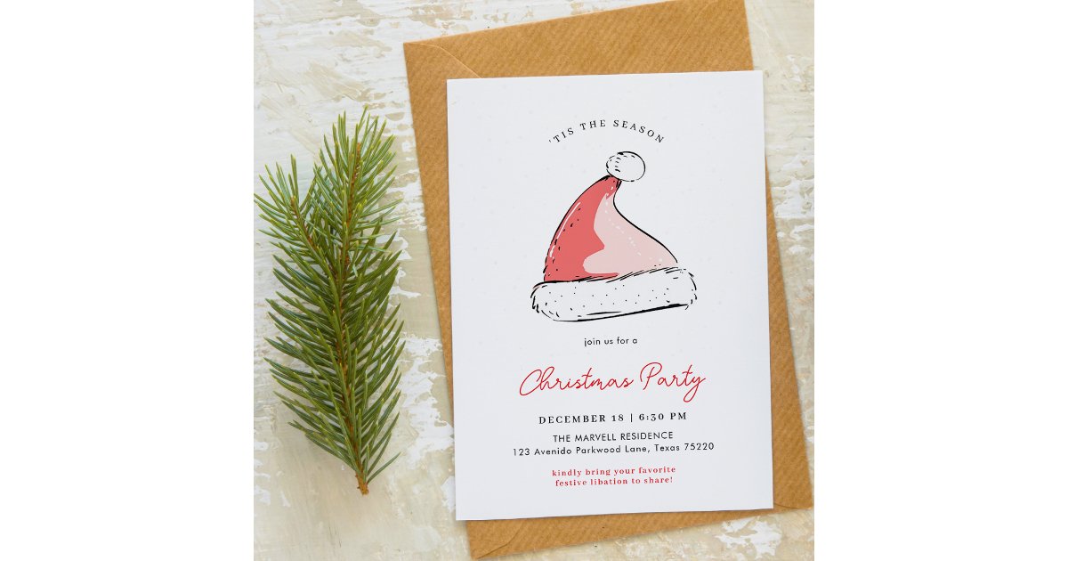 Modern Festive Santas Hat Christmas Party Invitation | Zazzle