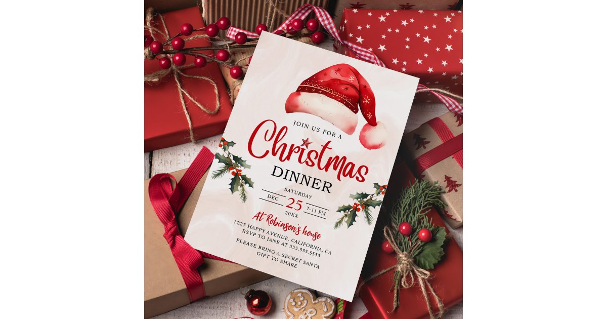 Modern Festive Santas Hat Christmas Party Invitation | Zazzle