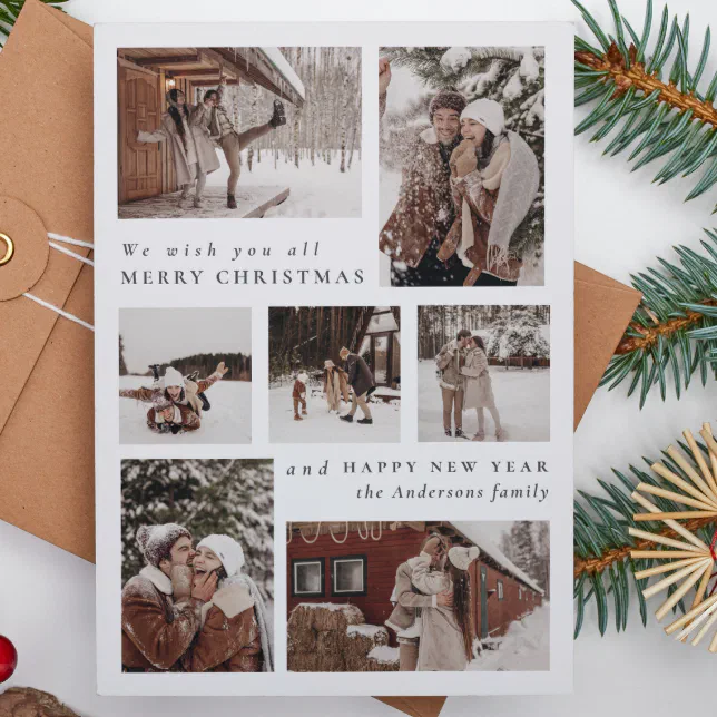 Modern Festive seven Photo collage Christmas Holiday Card | Zazzle