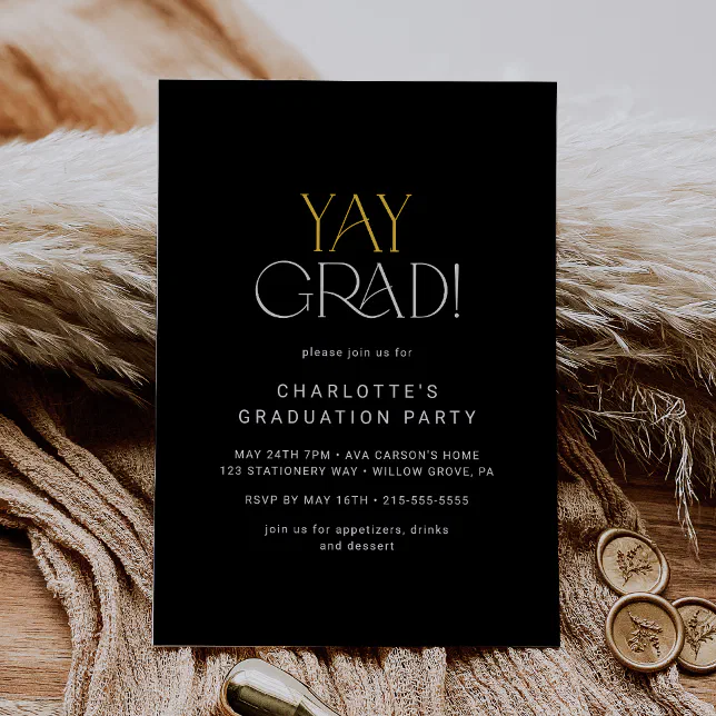 Modern Fete Black Gold Yay Grad Graduation Party Invitation | Zazzle