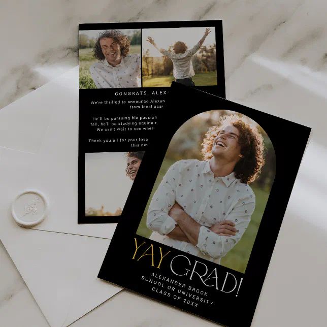 Modern Fete Black Gold Yay Grad Photo Graduation Announcement | Zazzle