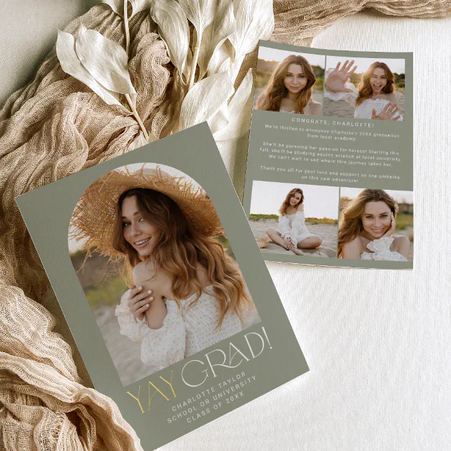 Modern Fete Foil | Green Yay Grad Photo Graduation Foil Invitation | Zazzle