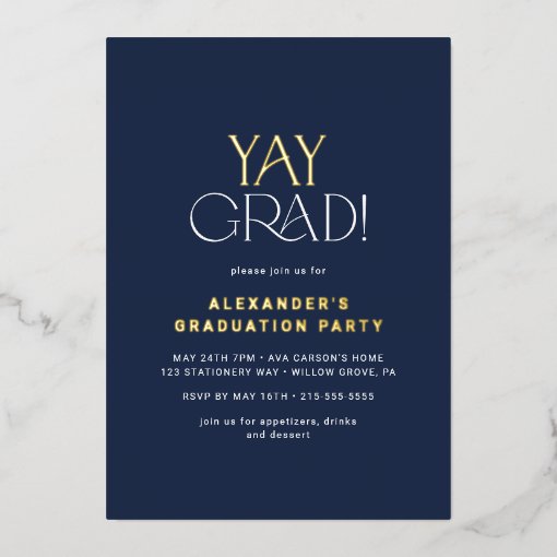 Modern Fete Foil Navy Yay Grad Photo Graduation Foil Invitation | Zazzle