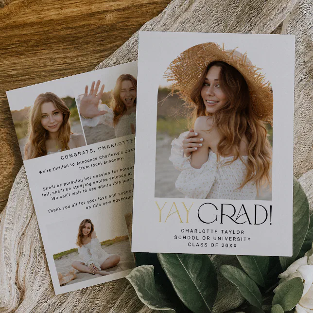 Modern Fete Foil Yay Grad Photo Arch Graduation Foil Invitation | Zazzle