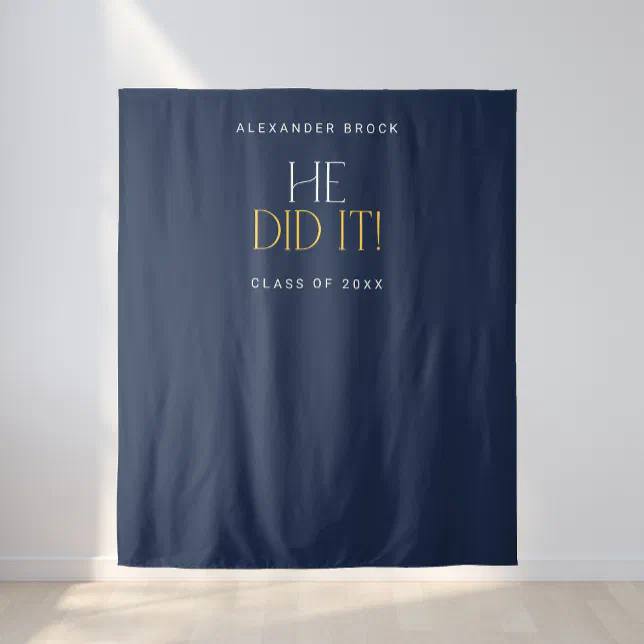 Modern Fete Navy He Did It Grad Photo Backdrop | Zazzle