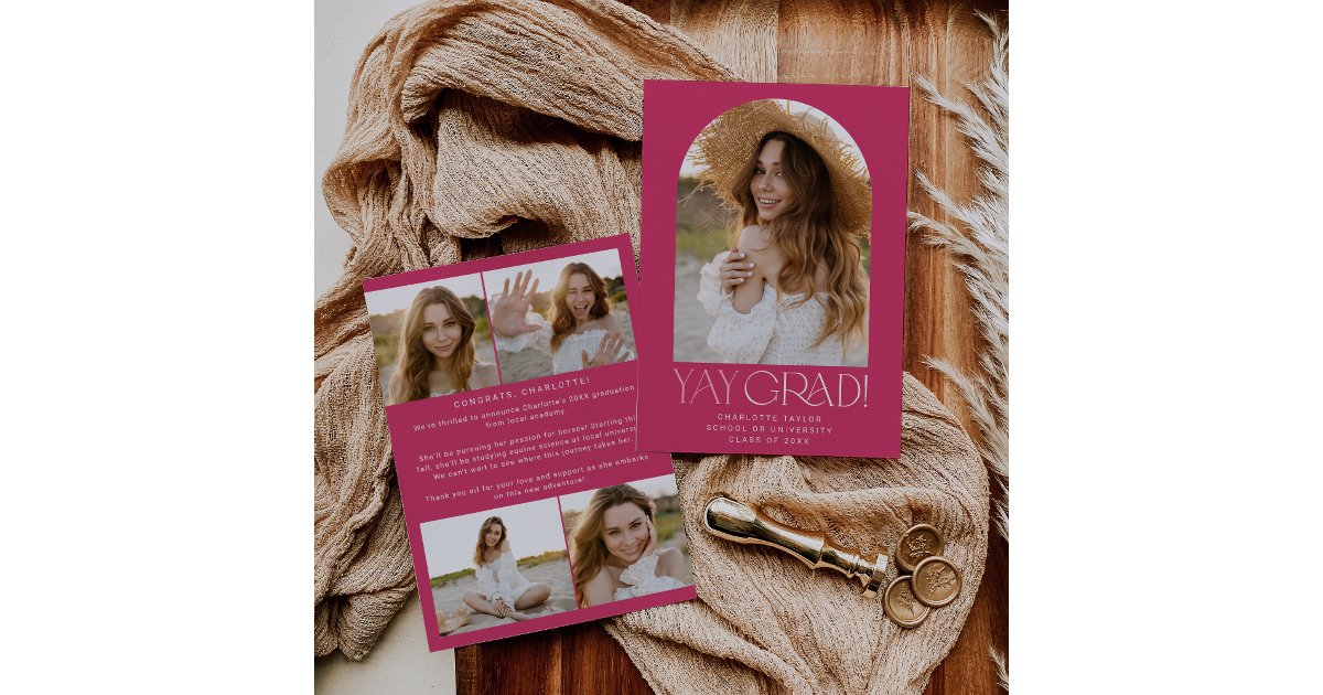 Modern Fete | Pink Yay Grad Photo Arch Graduation Announcement | Zazzle
