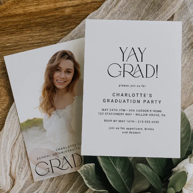 Modern Fete Yay Grad Photo Graduation Party Invitation | Zazzle