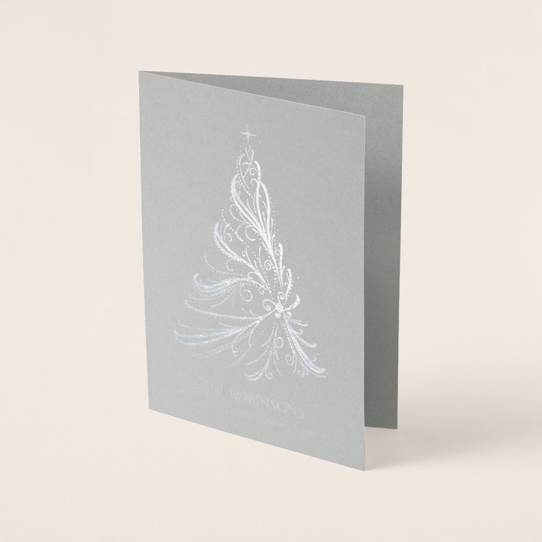 Modern Filigree Christmas Tree Silver Foil Card | Zazzle